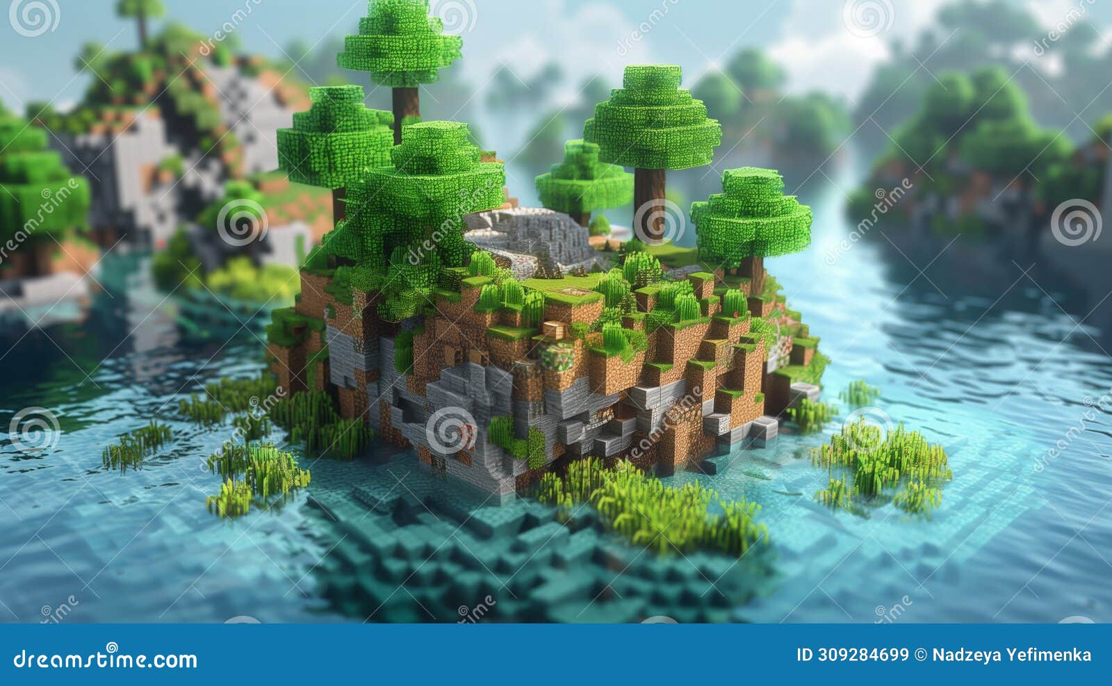 Pixelated Isle Surrounded by a Serene Digital Waterscape. Minecraft ...