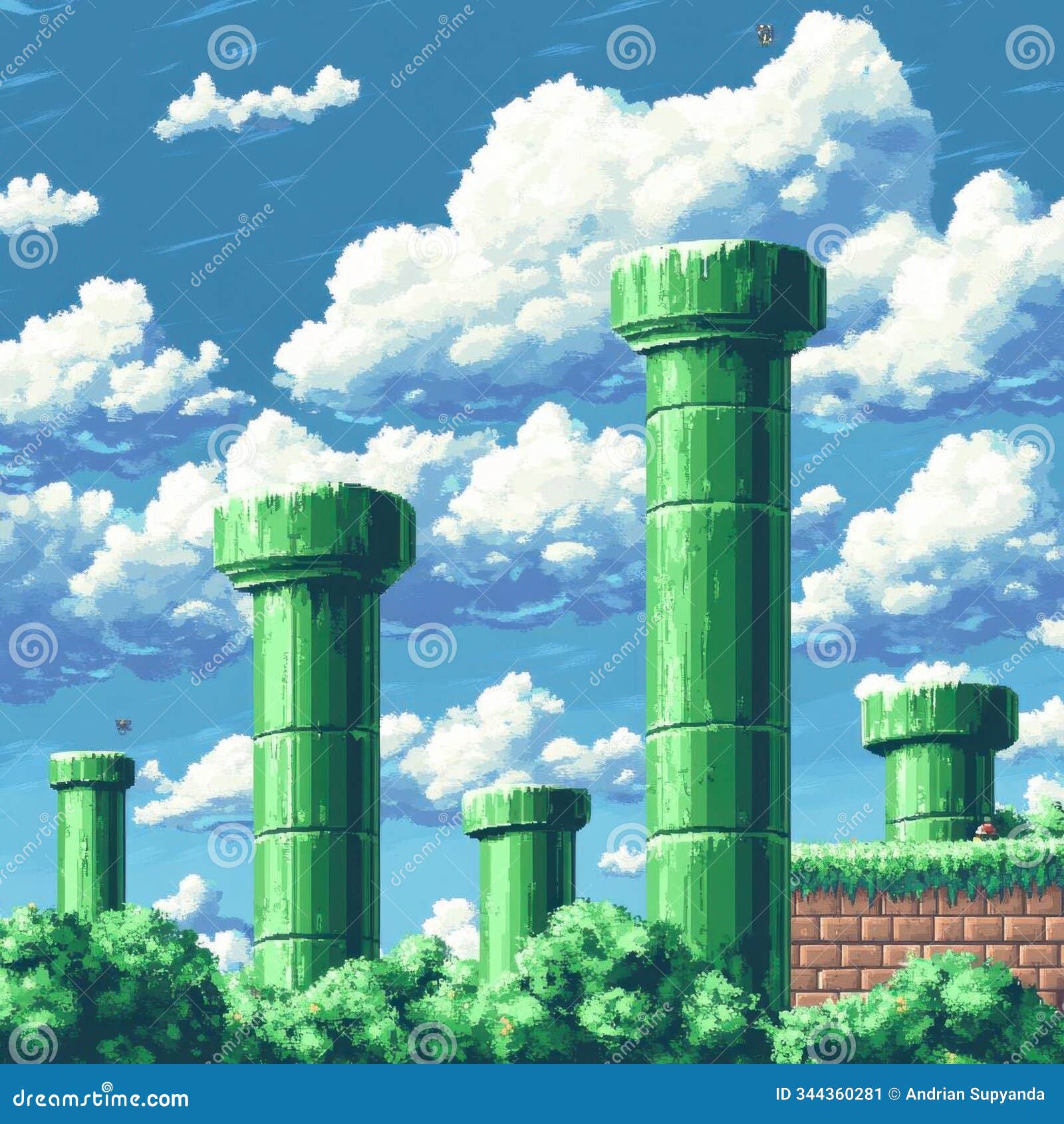 Pixelated Landscape with Green Pillars and Fluffy Clouds Stock ...