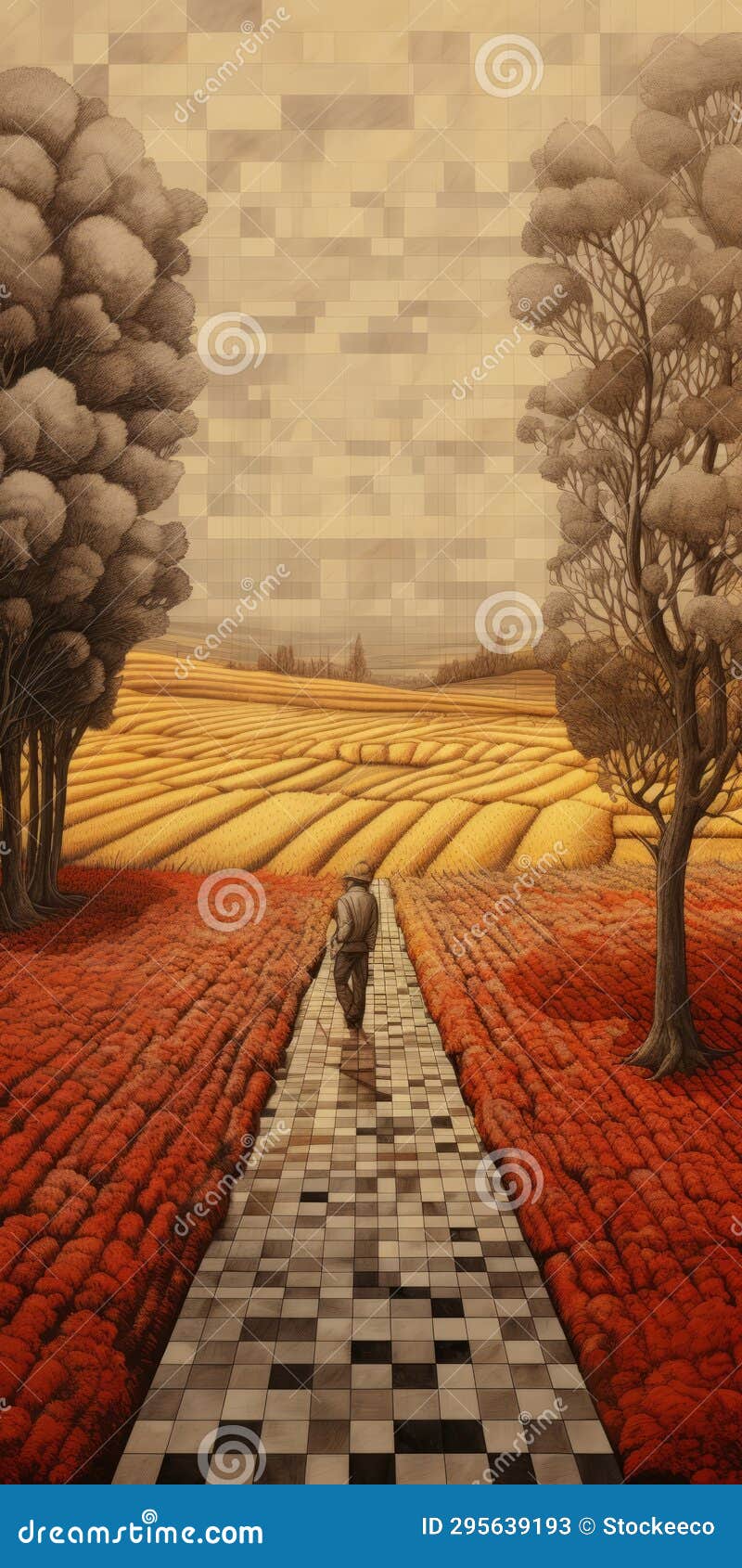 Pixelated Landscape: a Surrealist Illustration of a Human Walking Along ...