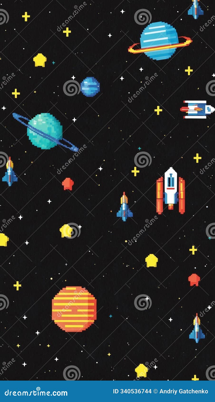 Pixelated Outer Space Scene with Planets, Stars, and Spaceships Vintage ...