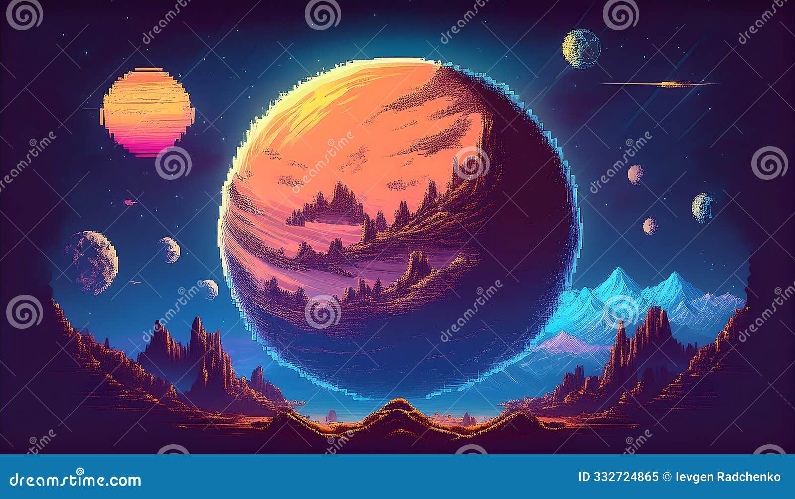 Pixelated Planet and Moon- a Simple Pixel Art Design Featuring a Large ...