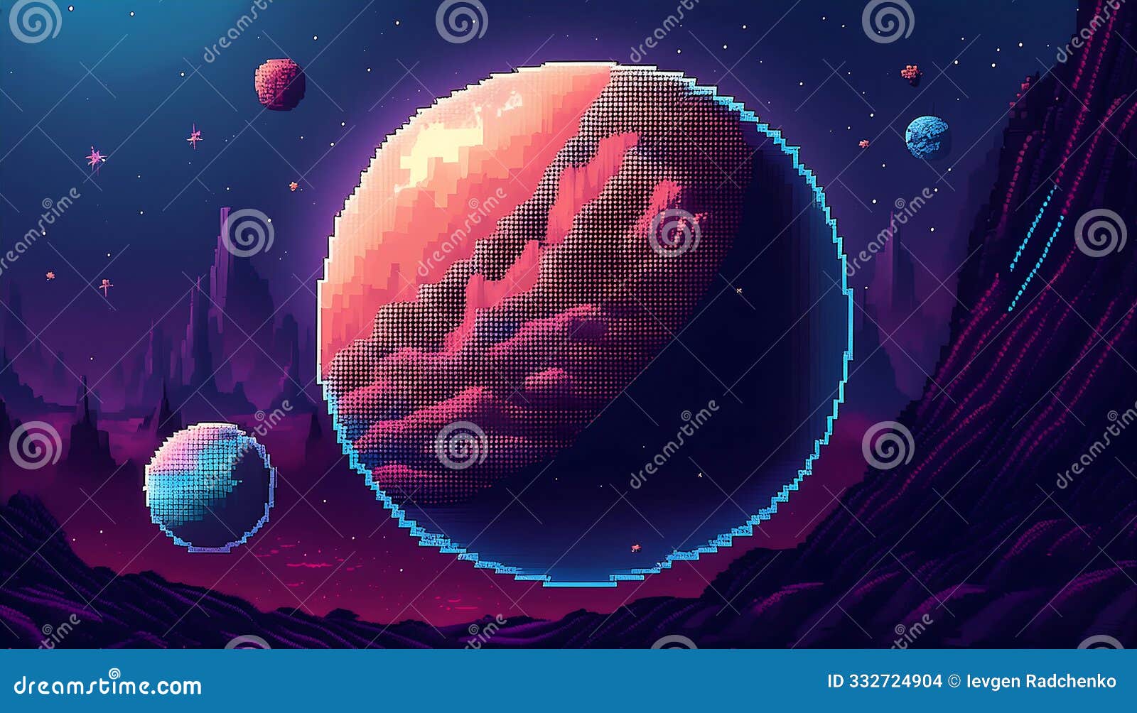 Pixelated Planet and Moon- a Simple Pixel Art Design Featuring a Large ...