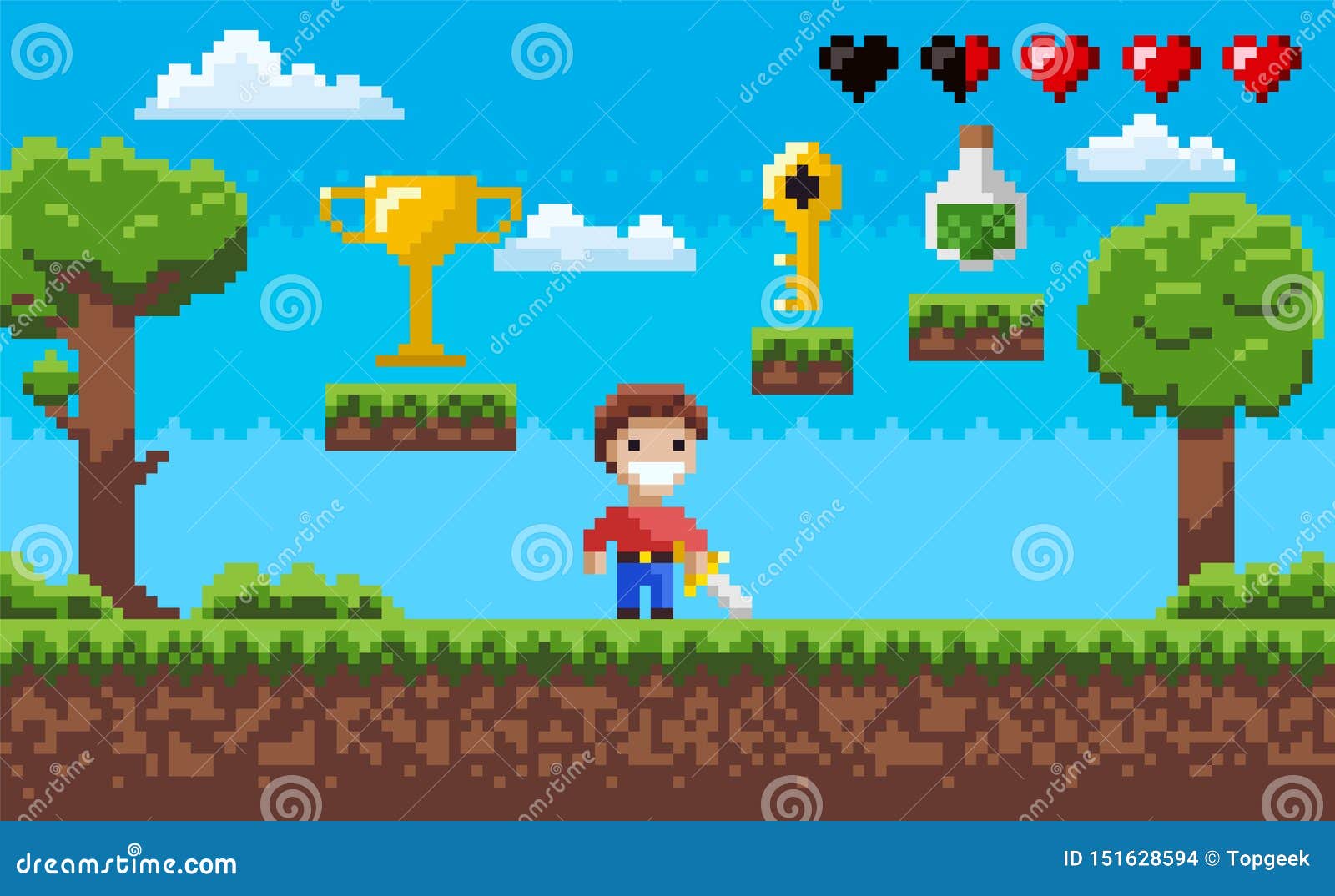 Pixel Game Scene, Arcade with Character and Tasks Stock Vector ...