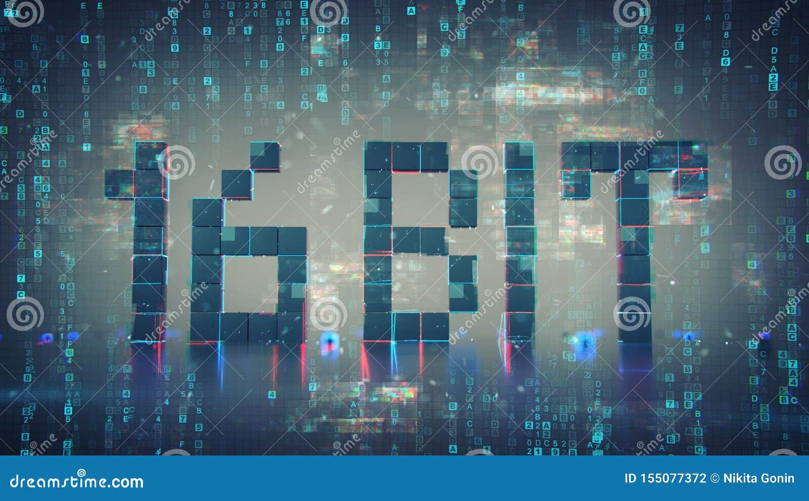 Pixelated Text 16 Bit and Computer Data Stream 3D Rendering ...