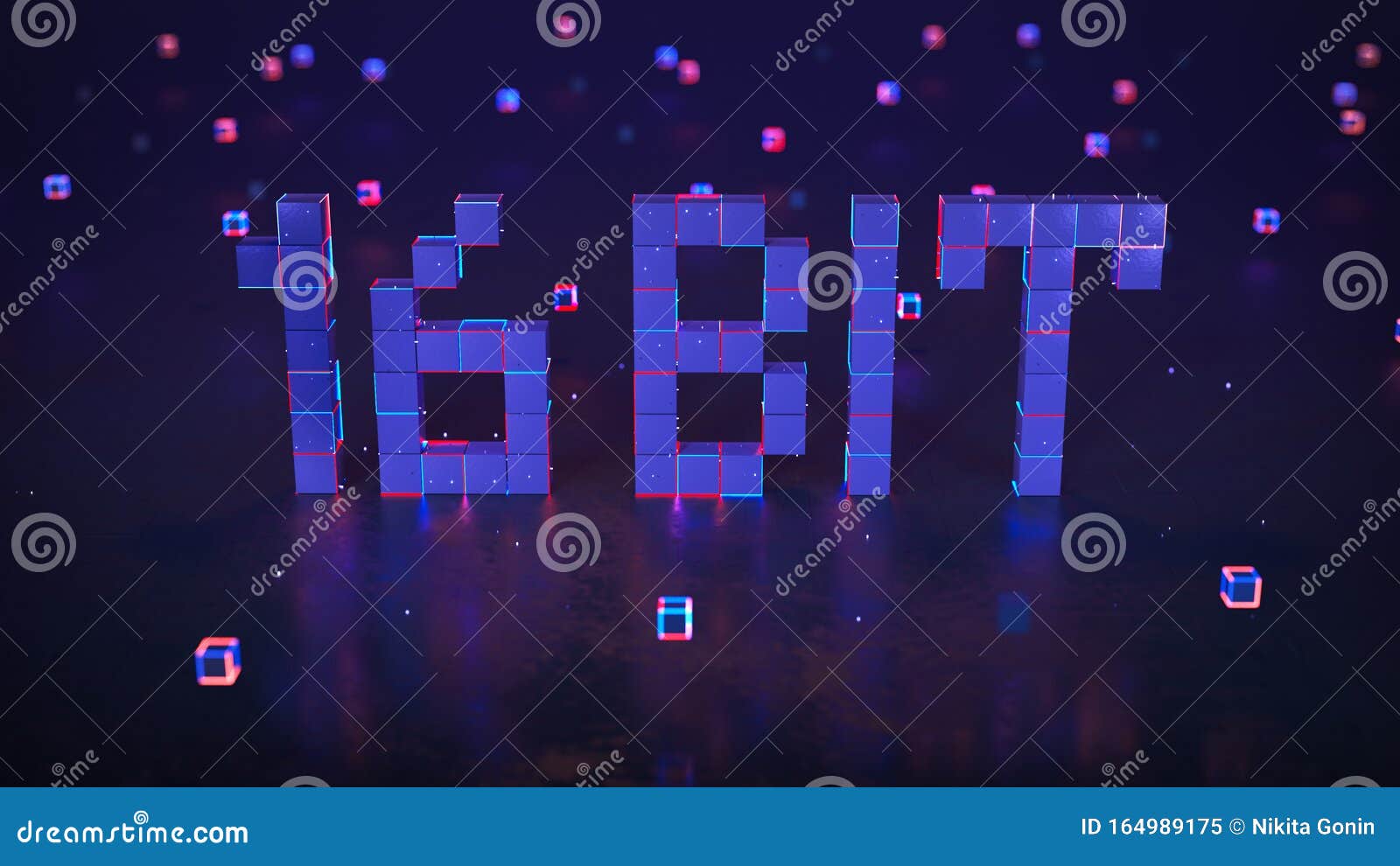 Pixelated Text 16 Bit with Glowing Edges 3D Rendering Illustration ...