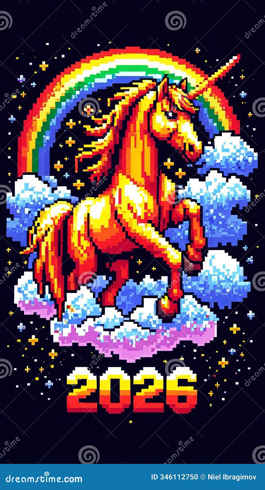 Pixelated Unicorn with Rainbow: Bright 2026 Cloud Scene in Retro Art Style Stock Photo - Image ...