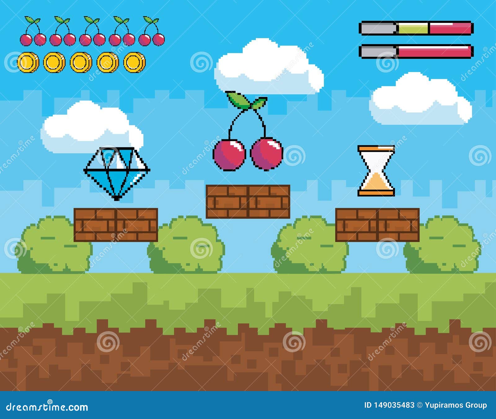 Pixelated Videogame Scene with Diamond and Cherry Stock Vector ...