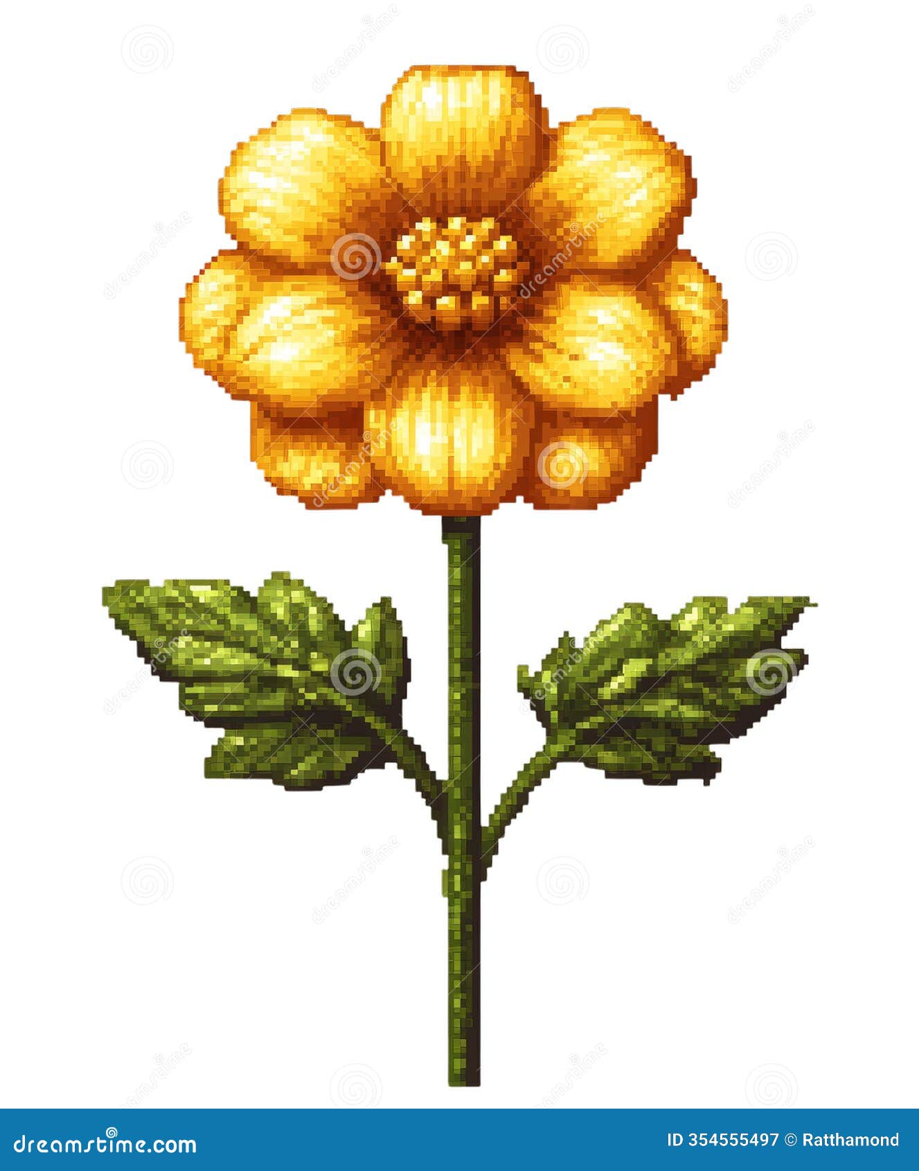 A Pixelated Yellow Flower with a Green Leaf, Isolated on a Transparent ...