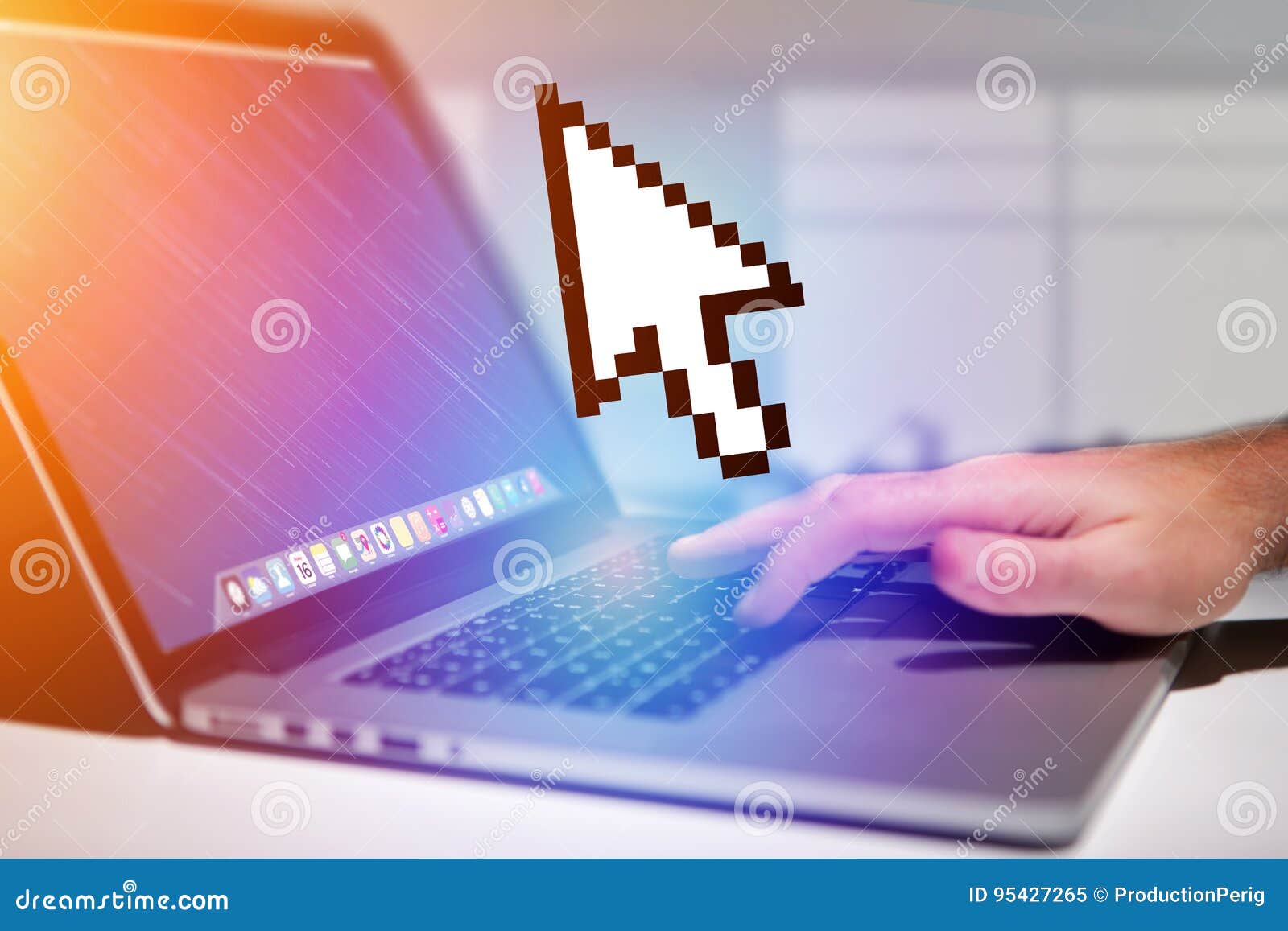 Pixeled Black and White Mouse Pointer Displayed on a Futuristic Stock ...