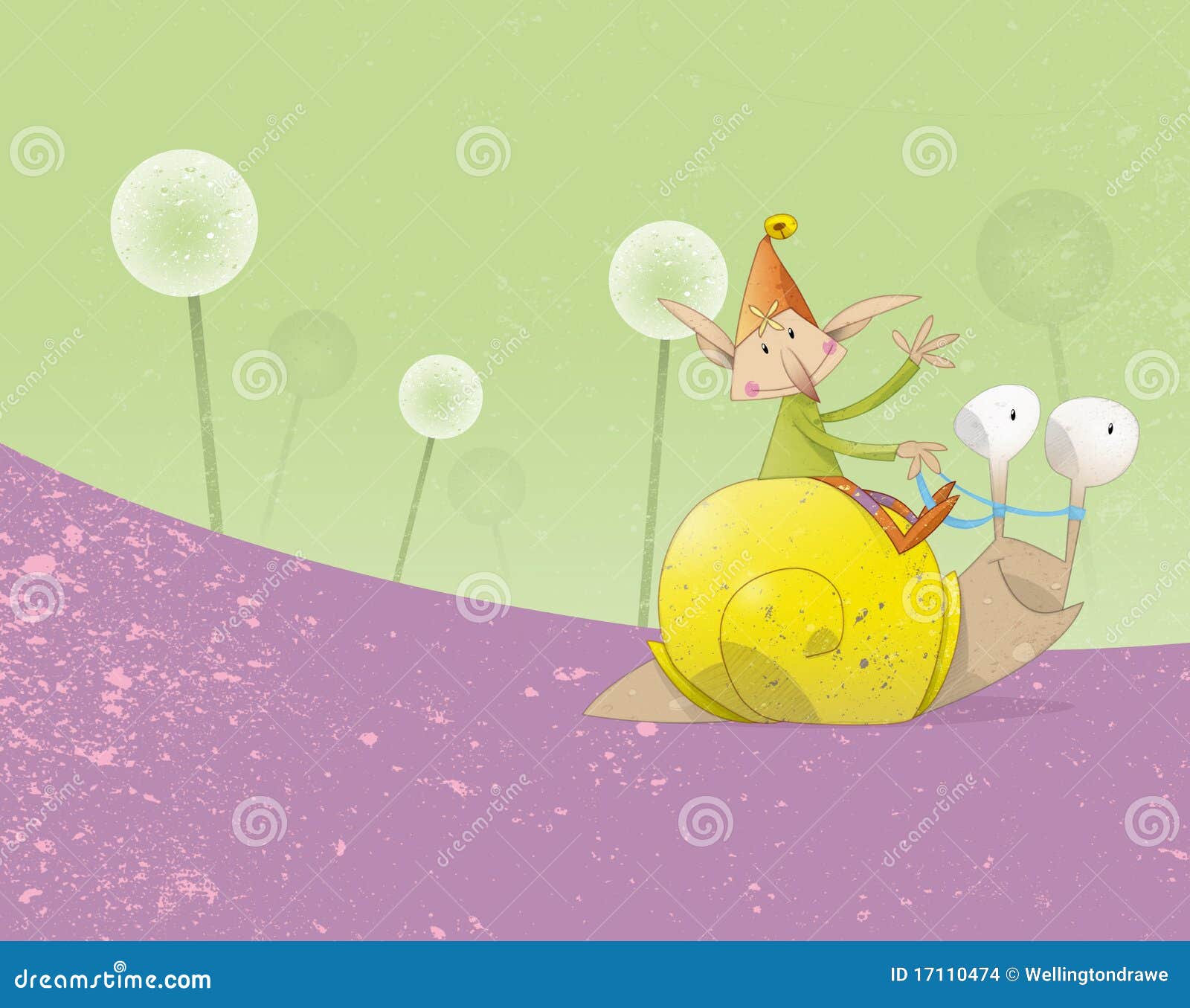 Pixie Riding a Snail in a Forest of Dandelions Stock Illustration ...