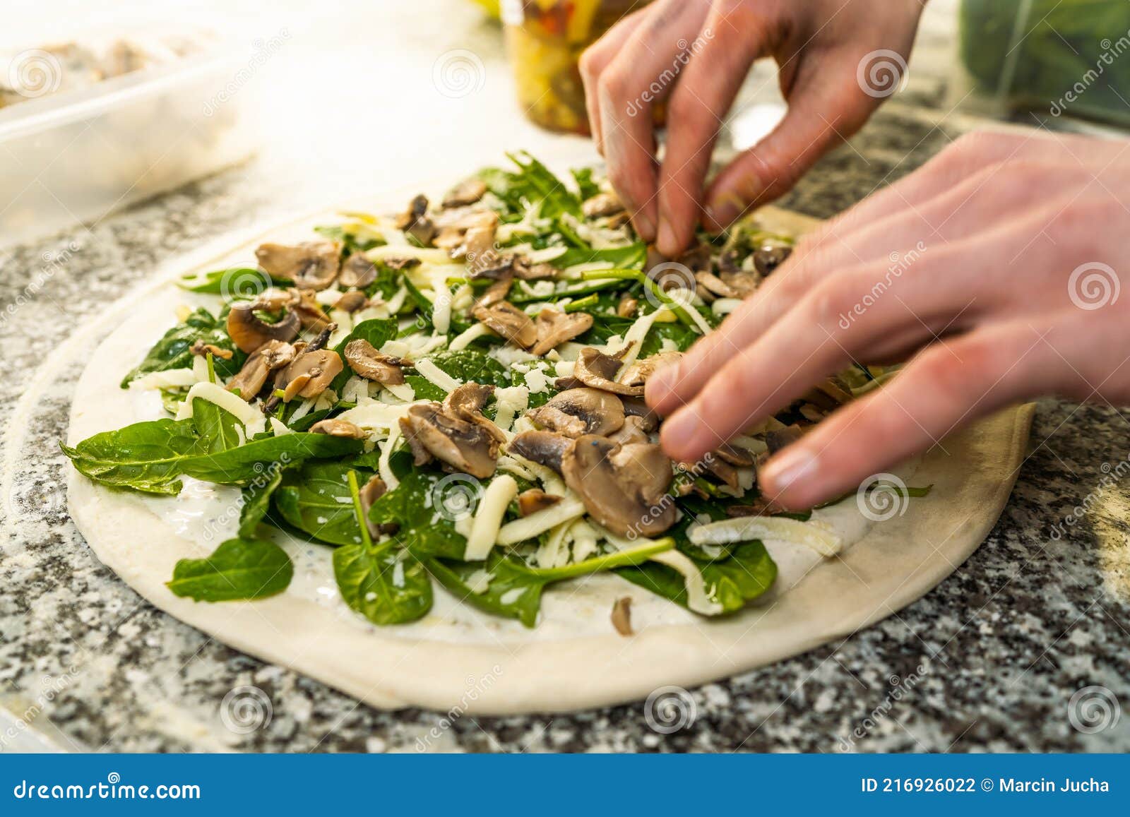 Pizaiolo Preparing Pizza in Restaurant with Fresh Ingredients. Chef at ...