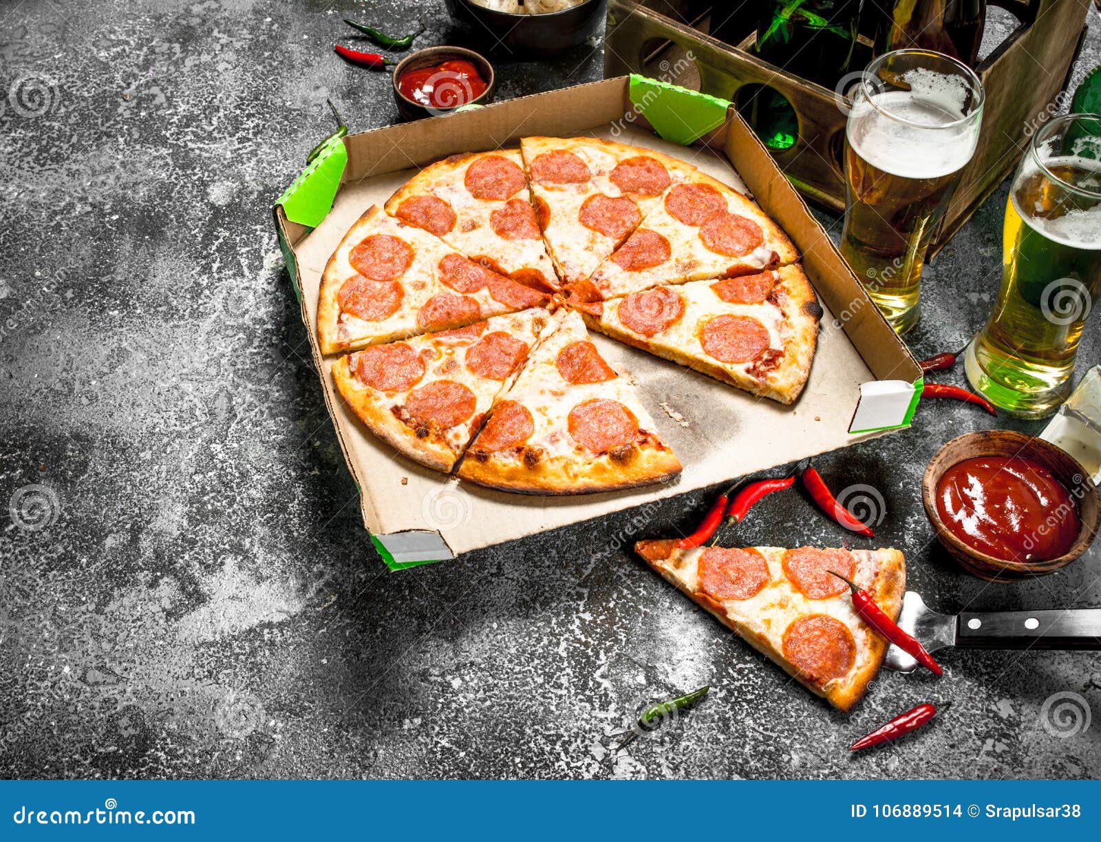 Pizza Background. Pepperoni with Beer Stock Photo - Image of foam, fast ...