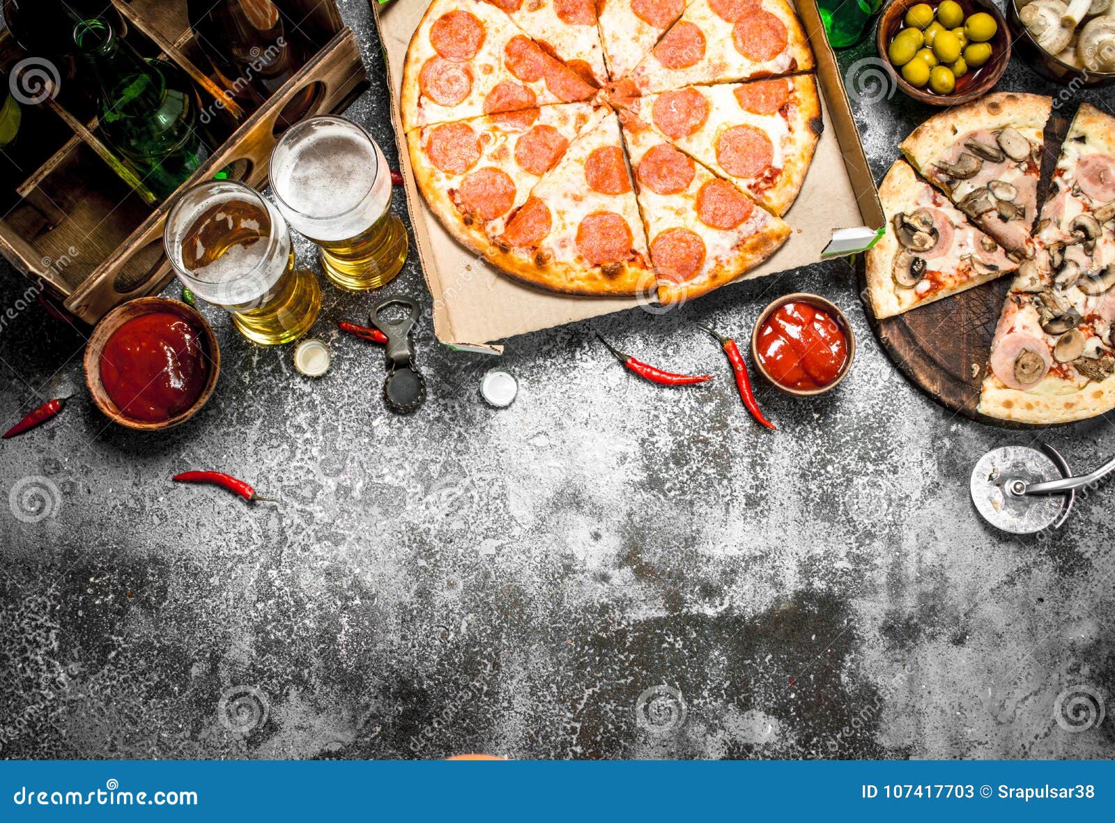 Pizza Background. Pepperoni with Beer Stock Image - Image of mozzarella ...