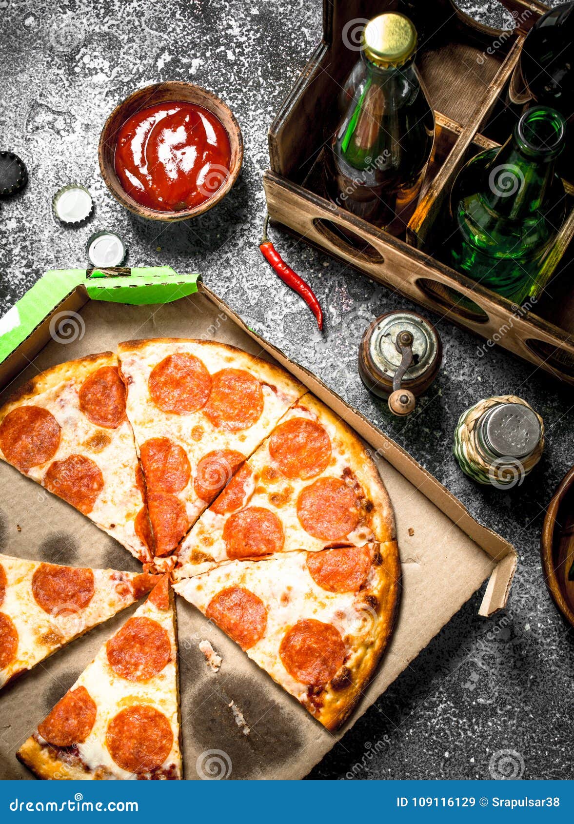 Pizza Background. Pepperoni with Beer Stock Image - Image of cold, meat ...