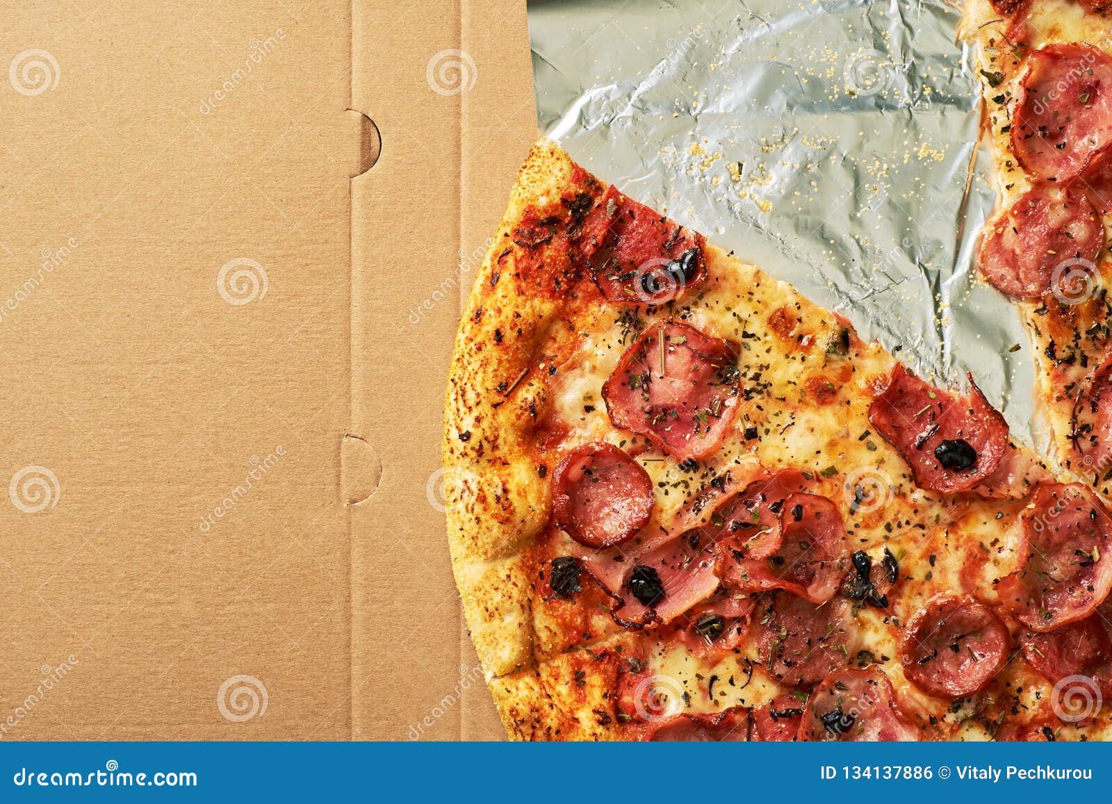 Pizza with Bacon in a Cardboard Box. Close-up. Top View. Pizza Delivery ...