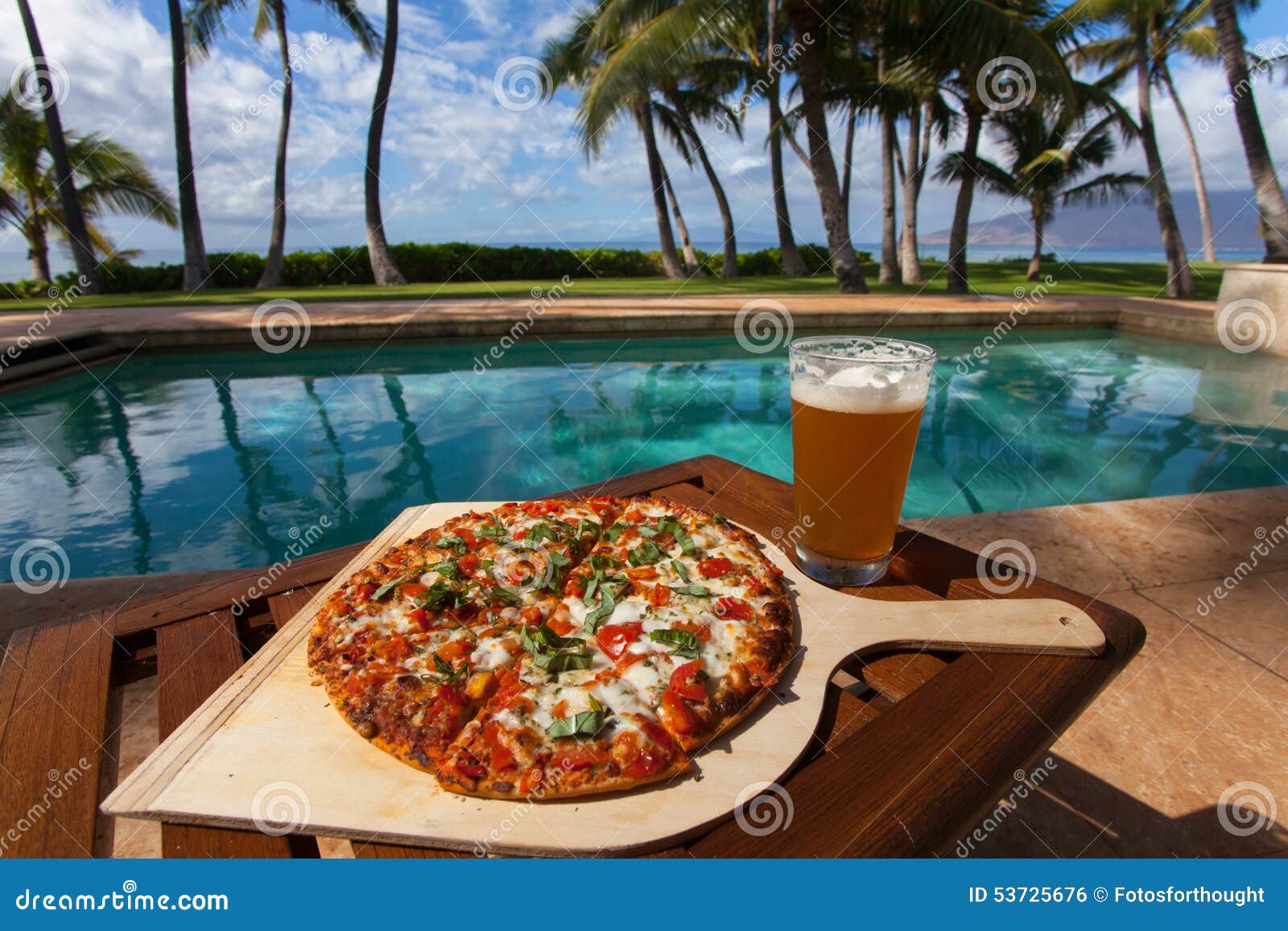 Pizza and Beer by the Poolside in Hawaii Stock Photo - Image of ...