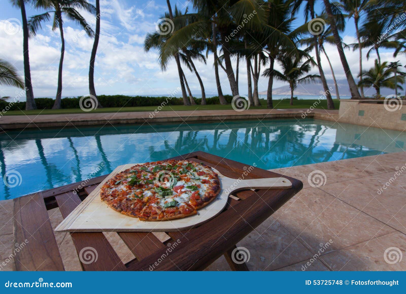 Pizza and Beer by the Poolside in Hawaii Stock Photo - Image of food ...