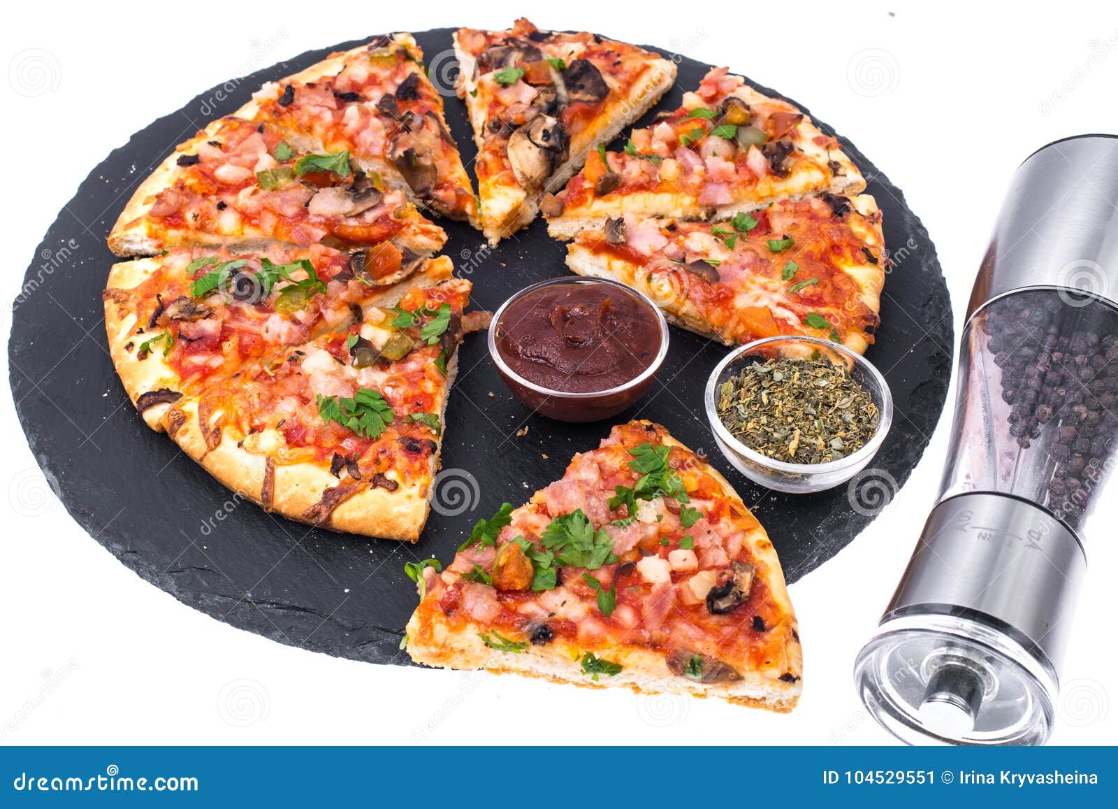 Pizza on black plate stock image. Image of moscow, pepperoni - 104529551