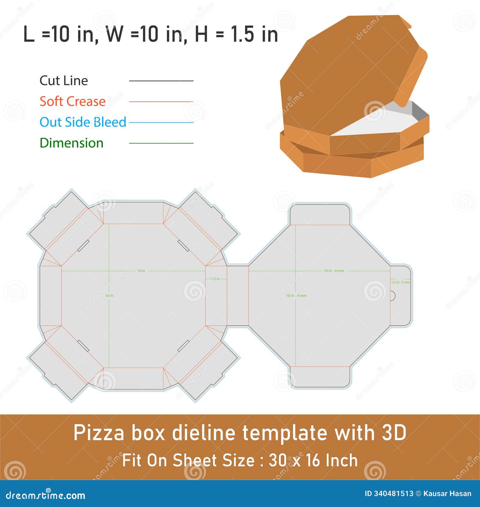 Pizza Box Dieline Template with 3D, Vector File Stock Vector ...