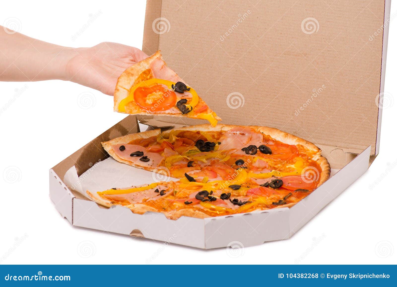 Pizza in a box of hands stock photo. Image of cuisine - 104382268