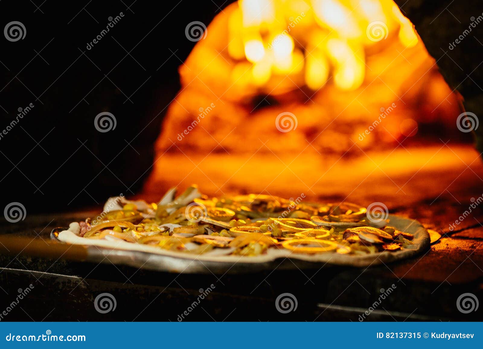 Pizza and Brick Pizza Oven with Fire Stock Image - Image of fired ...