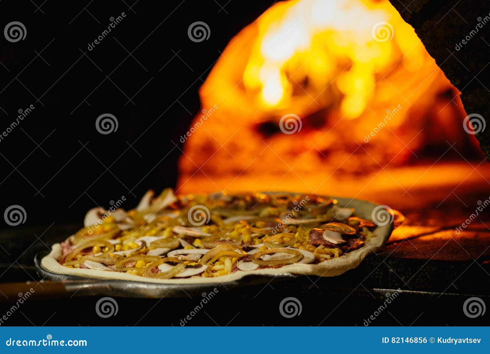 Pizza and Brick Pizza Oven with Fire Stock Photo - Image of fireplace ...