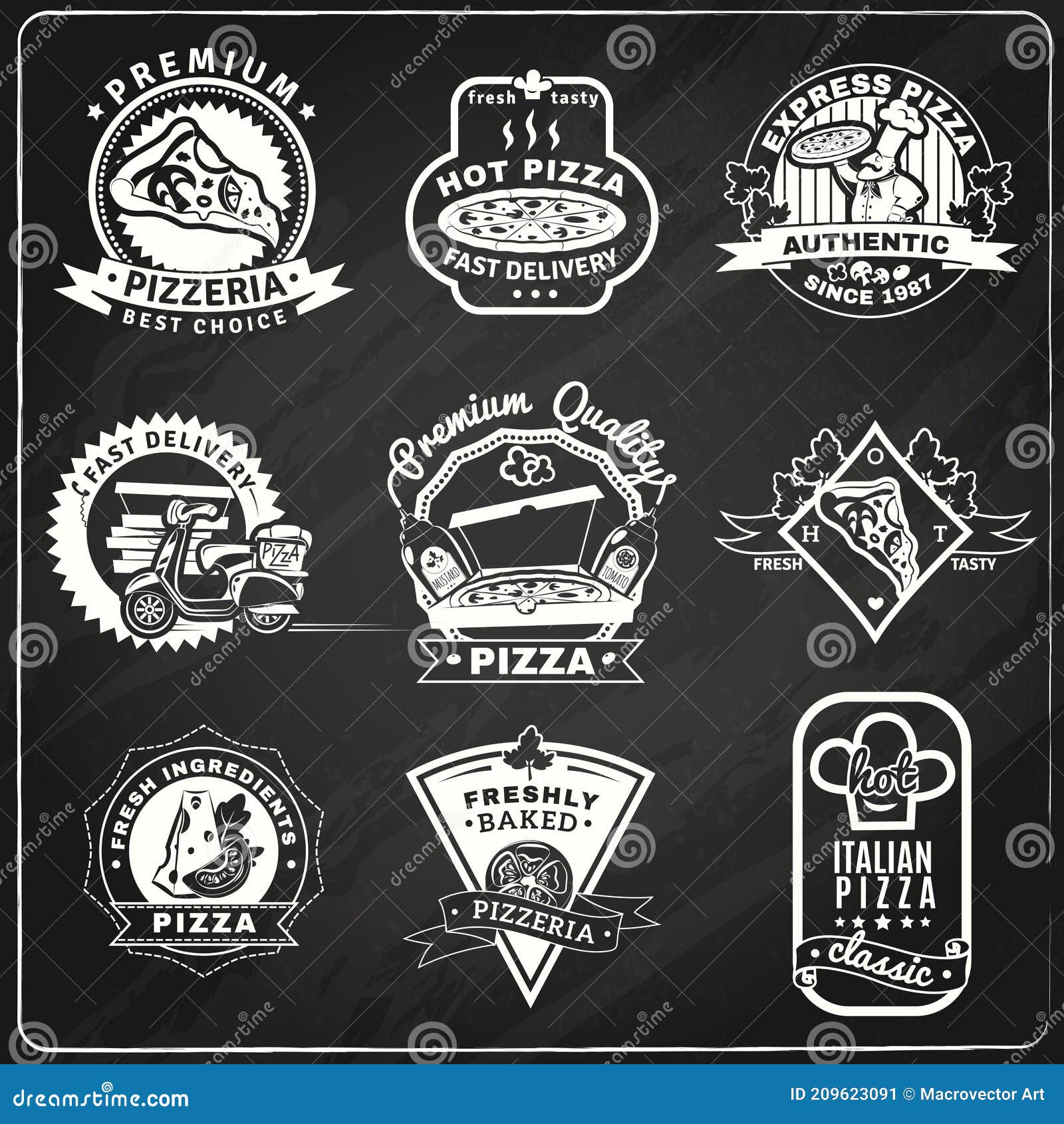 Pizza Chalkboard Emblems Set Stock Vector - Illustration of money ...