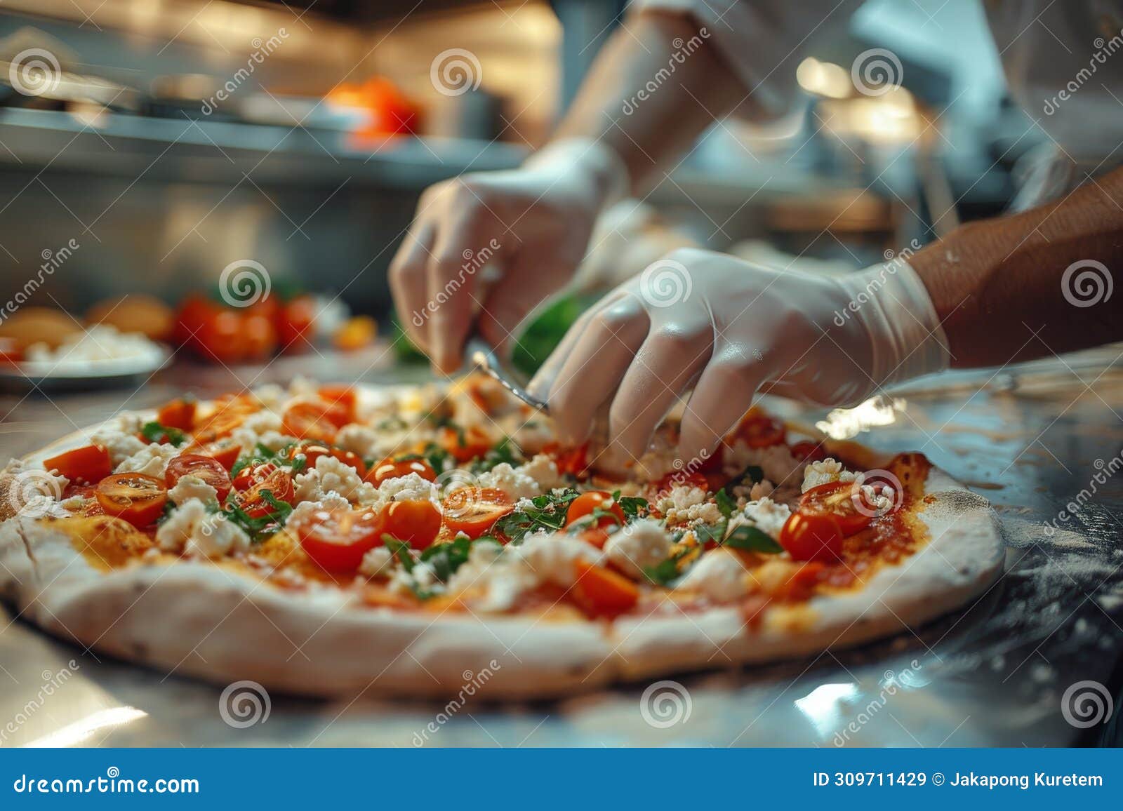 Pizza Chef Finishing the Preparing of in Pizzeria Restaurant Kitchen ...