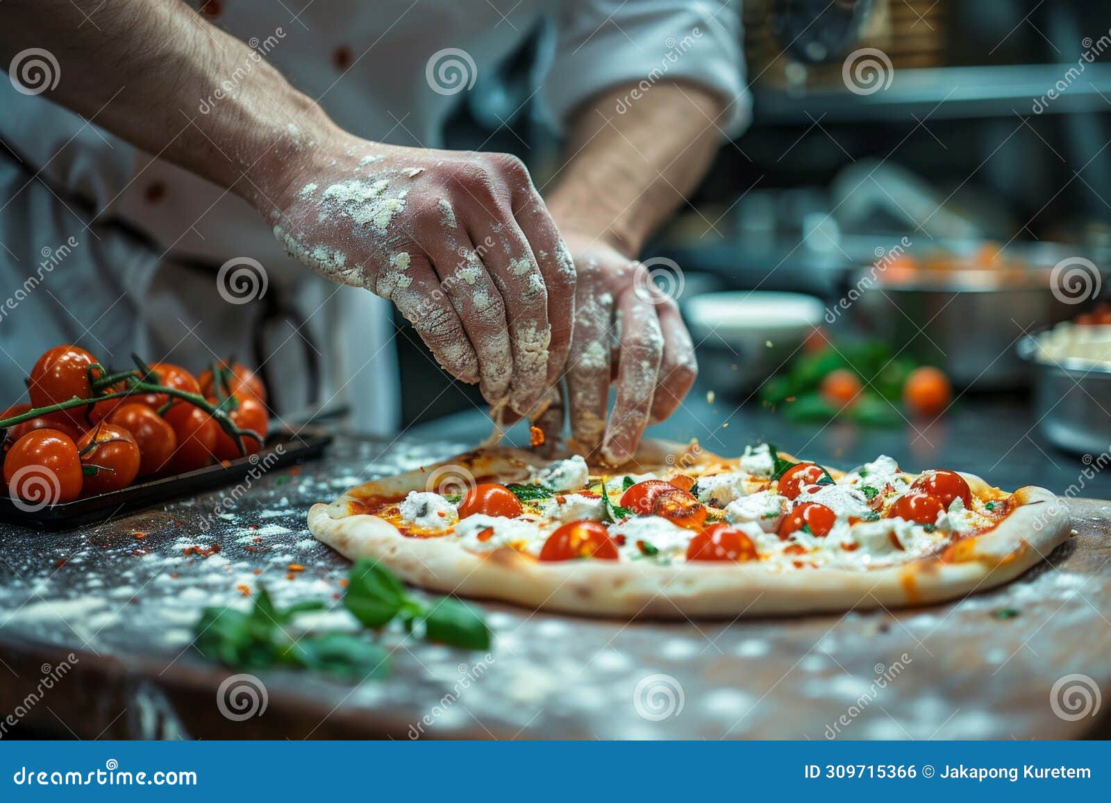 Pizza Chef Finishing the Preparing of in Pizzeria Restaurant Kitchen ...