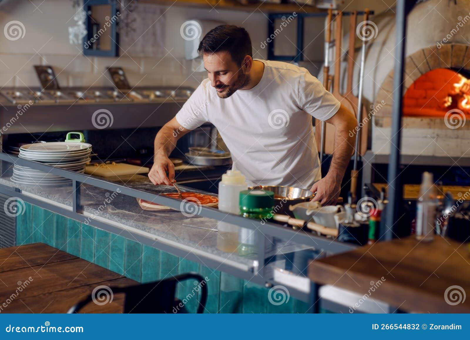 Pizza Chef Working in the Kitchen Stock Photo - Image of dough ...