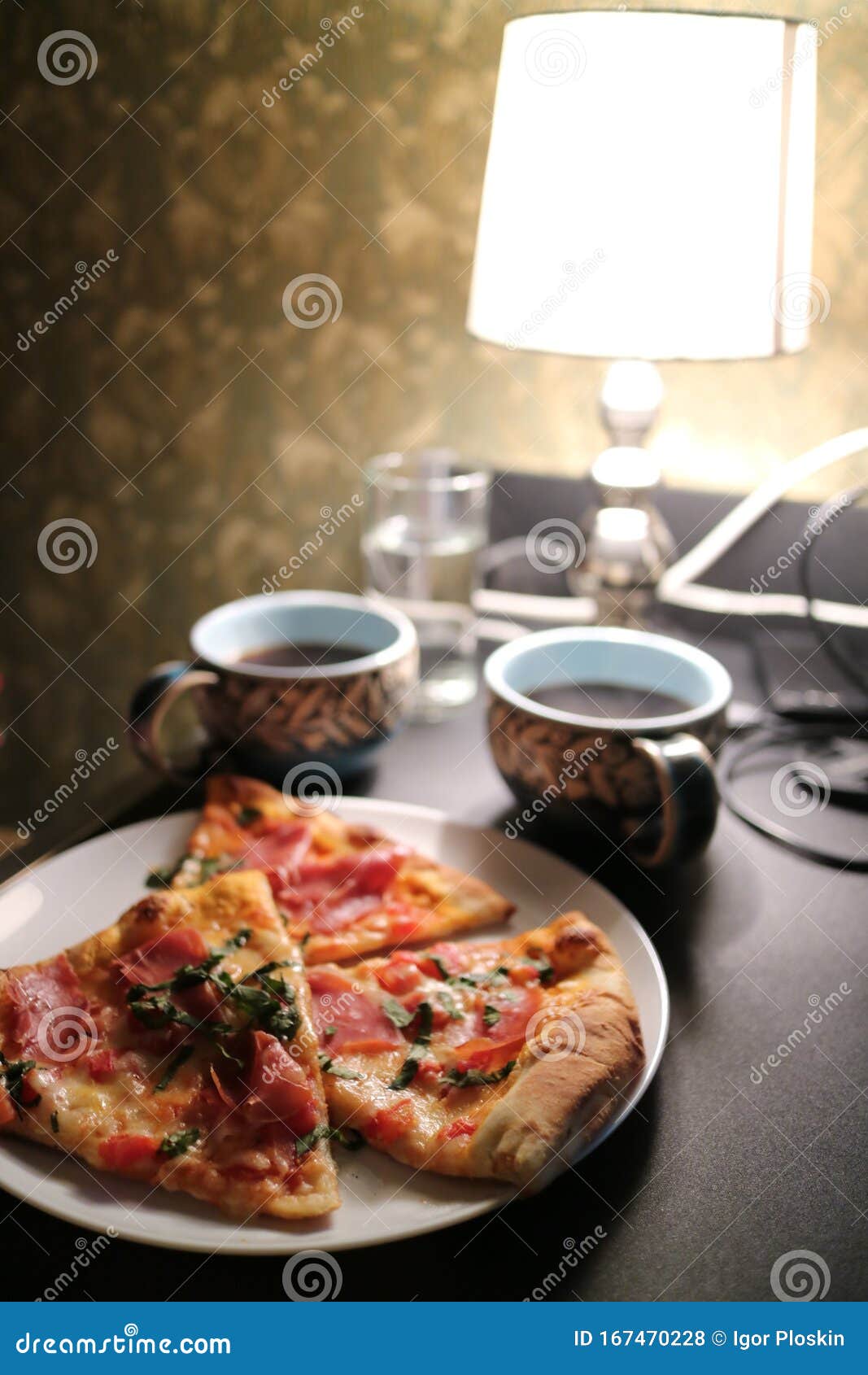 Pizza and coffee at home stock photo. Image of couch - 167470228