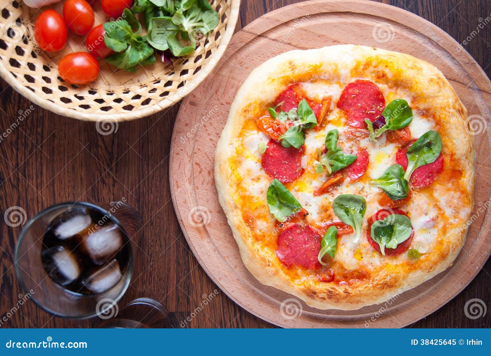 PIzza, coke and vegetables stock image. Image of mediterranean - 38425645