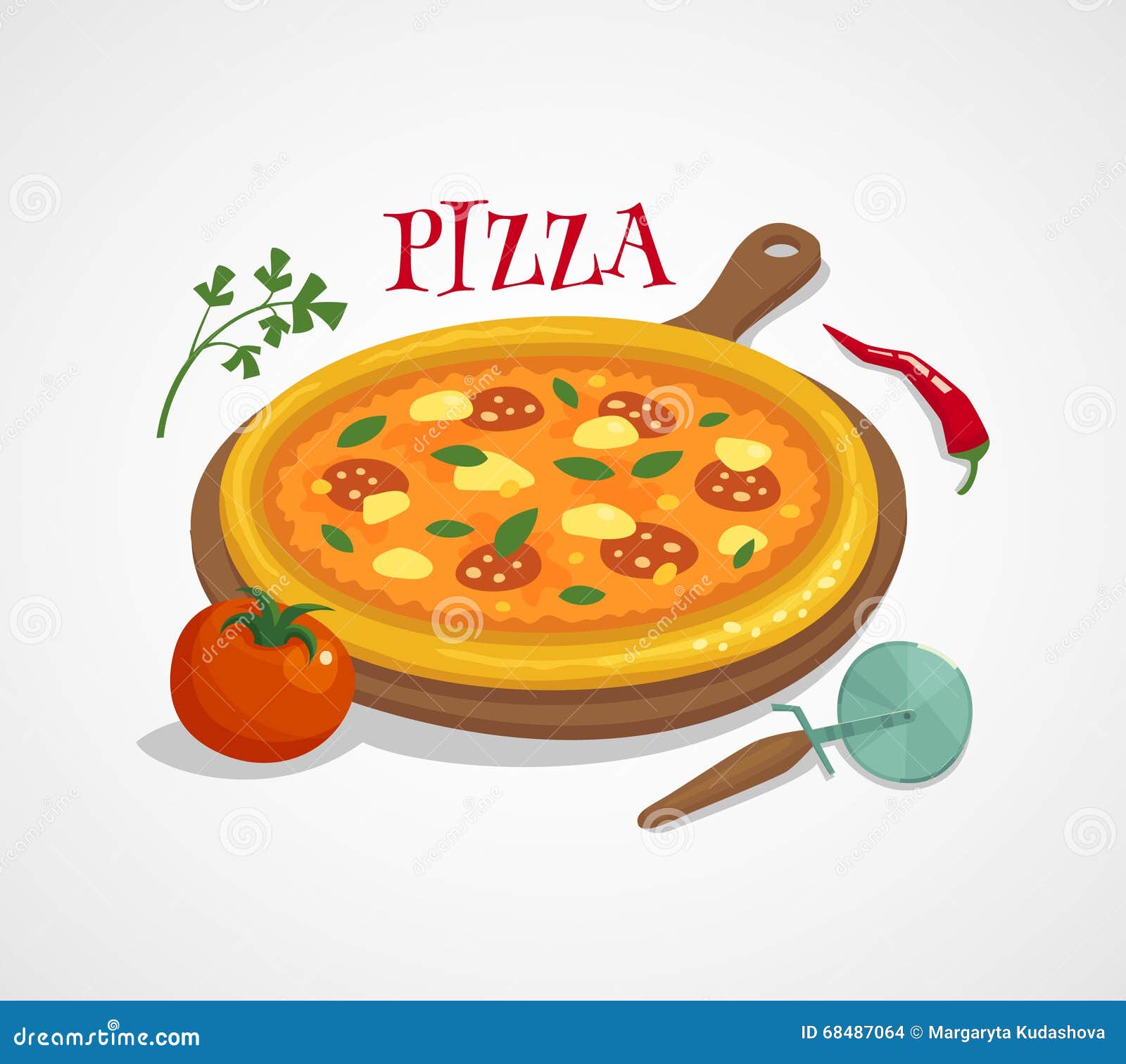 Pizza Concept With Tomato Pepper And Basil, Vector Cartoon Illustration ...