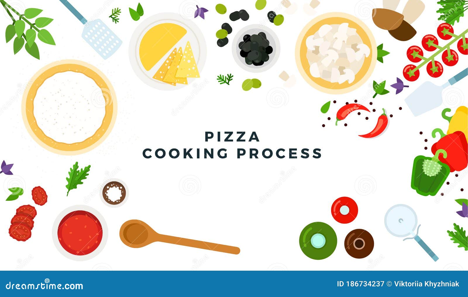 Pizza Cooking Process Vector Flat Illustrations. Products and Tools for ...