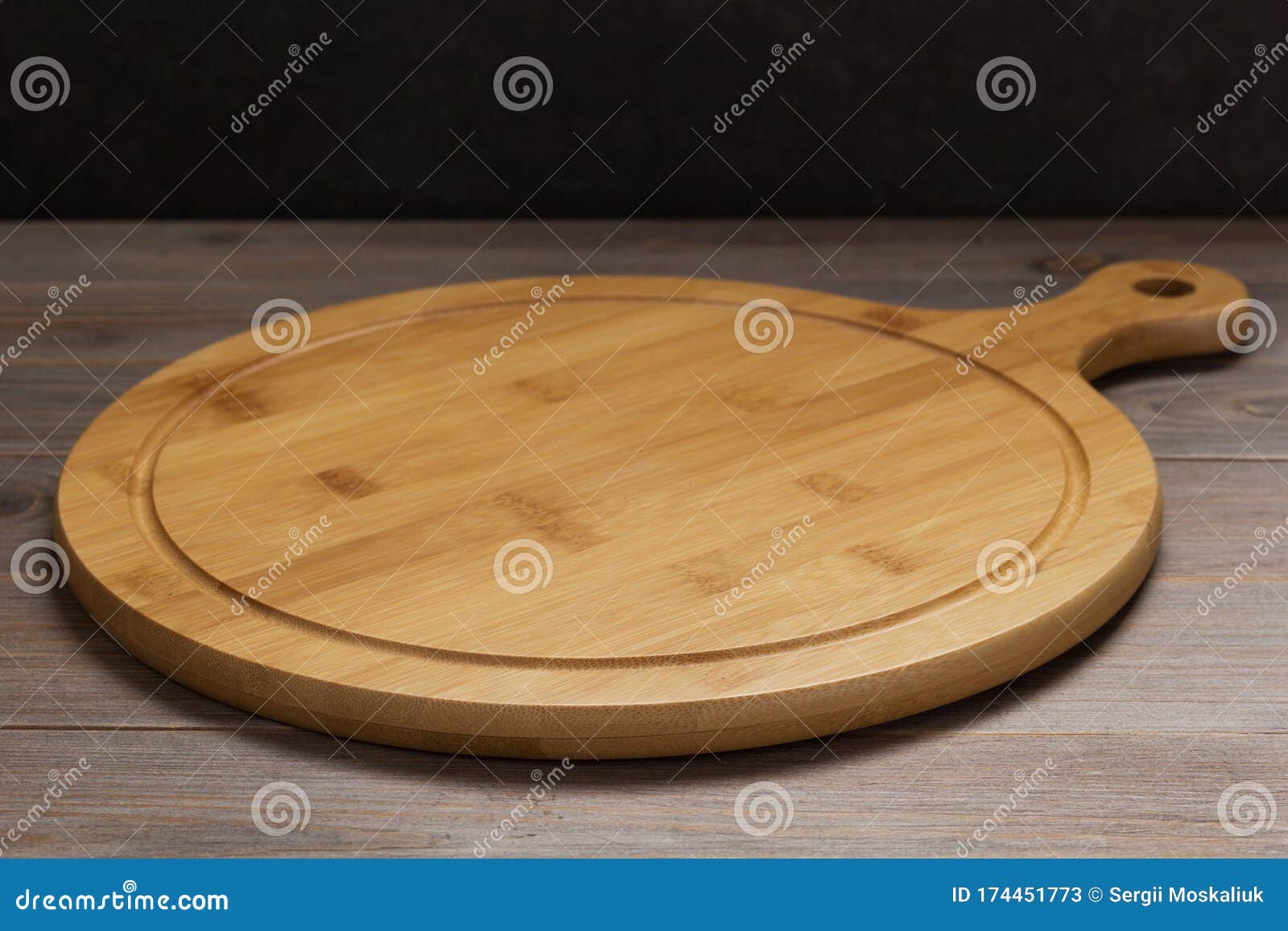 Pizza Cutting Board at Rustic Wooden Table Stock Image - Image of ...