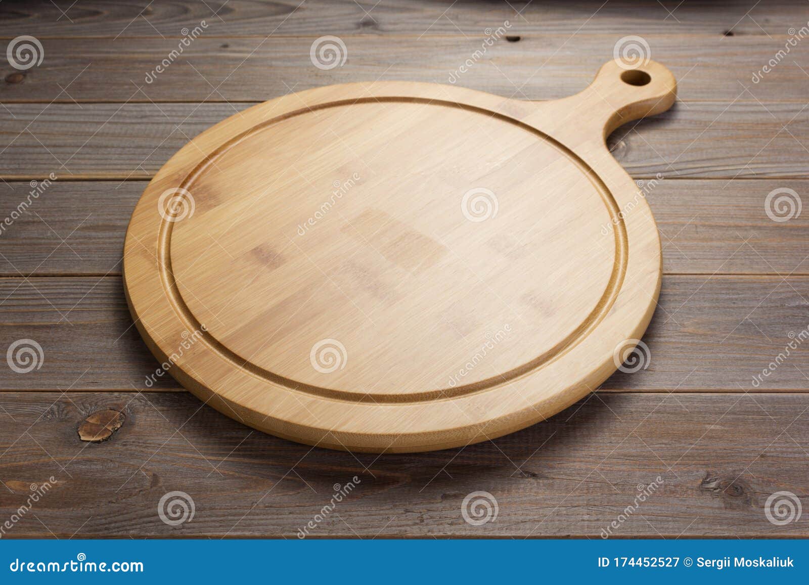 Pizza Cutting Board at Rustic Wooden Table Stock Image - Image of ...