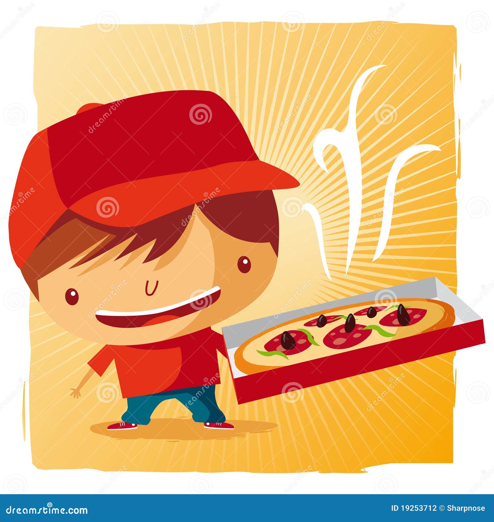 Pizza Delivery Boy Handing Pizza. Office Life. Cartoon Poster Vector ...