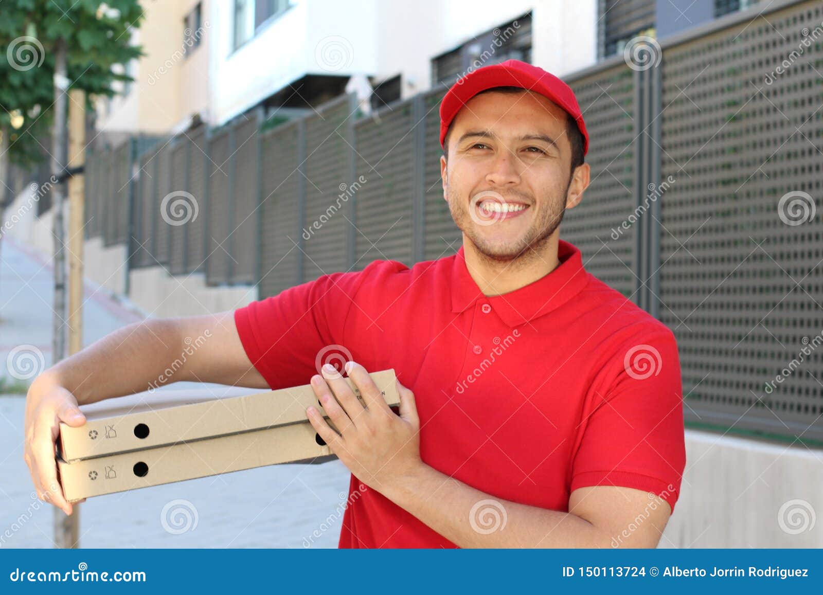 Pizza Delivery Guy Smiling Outdoors Stock Photo - Image of filipino ...