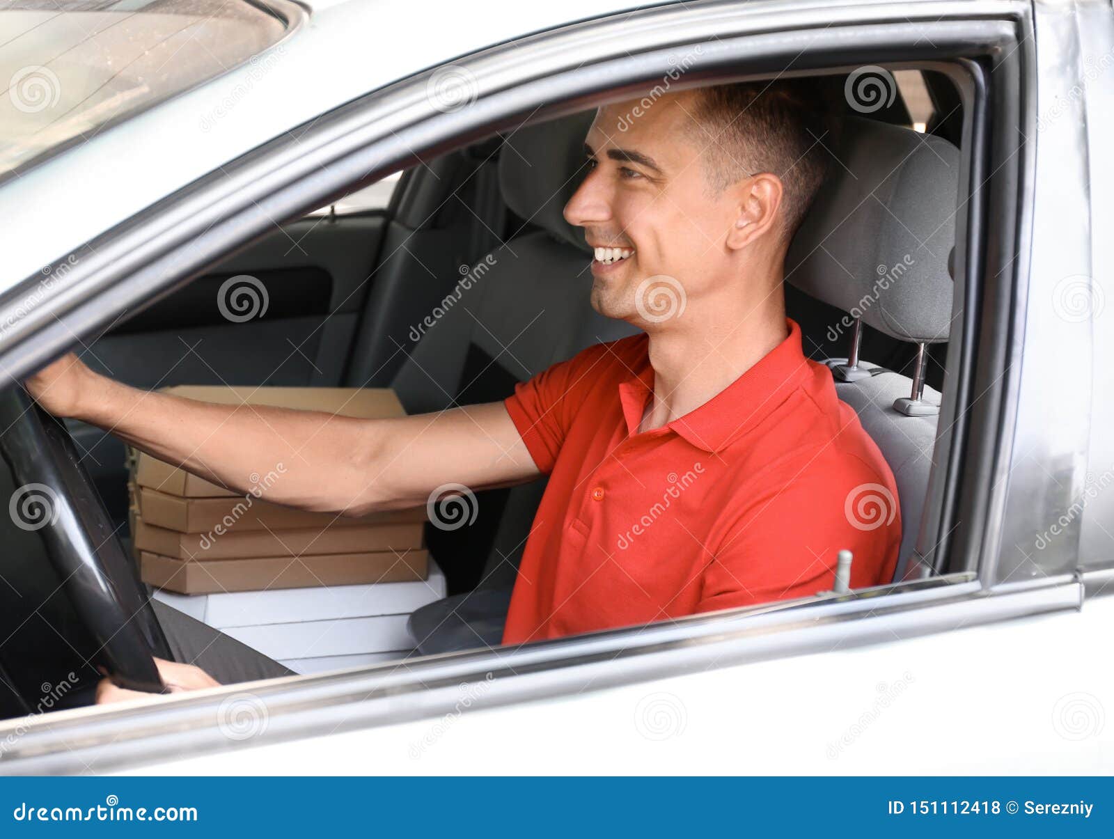 Pizza Delivery Man Driving a Car Stock Photo - Image of people ...