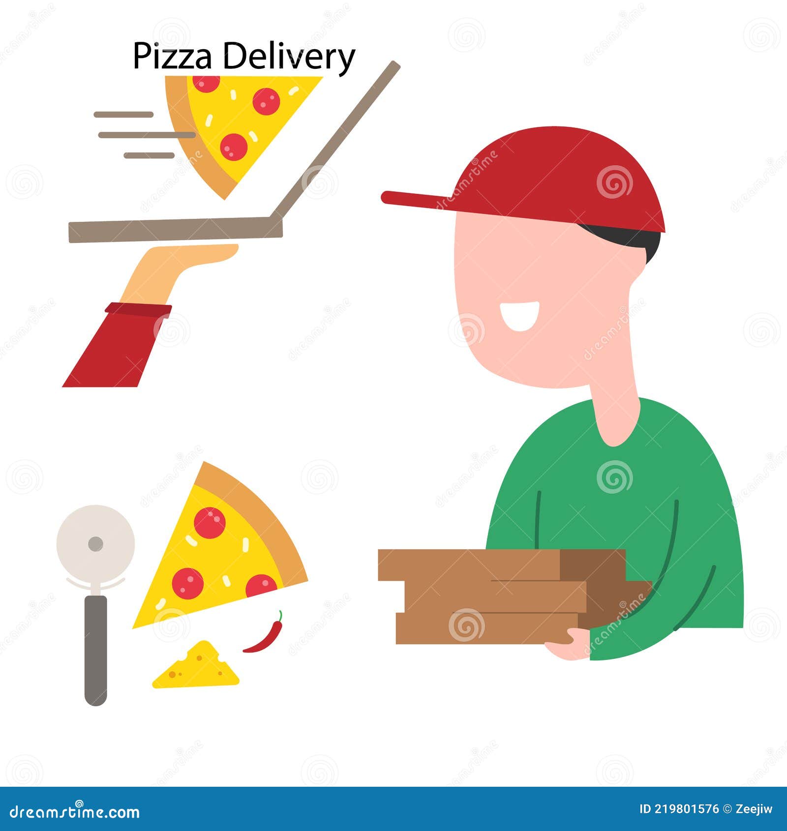 Pizza Delivery Man. Pizza Icon Set. Fast Delivery Food Stock Vector ...