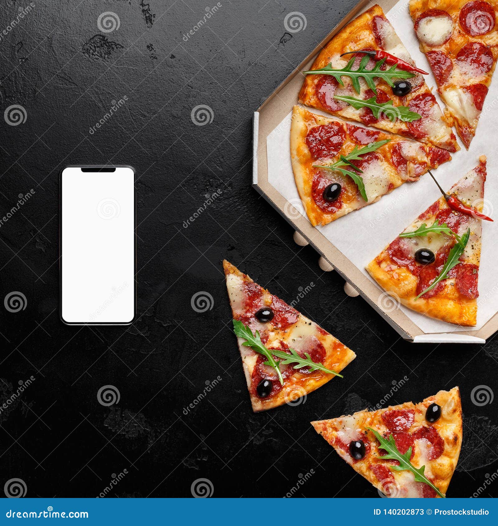 Pizza Delivery. Open Box and Smartphone with Blank Screen Stock Image ...