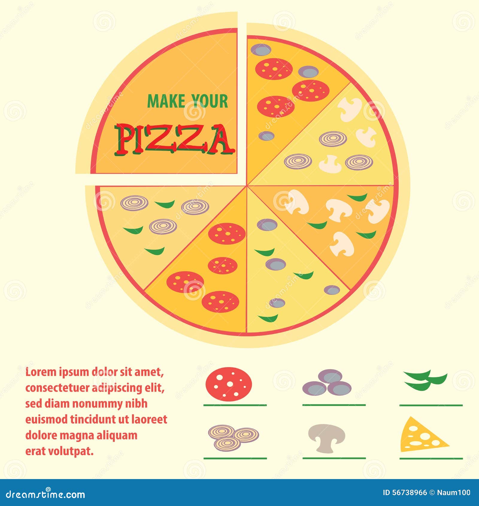 Pizza with Different Toppings, Icons, Space for Text, Infographi Stock ...