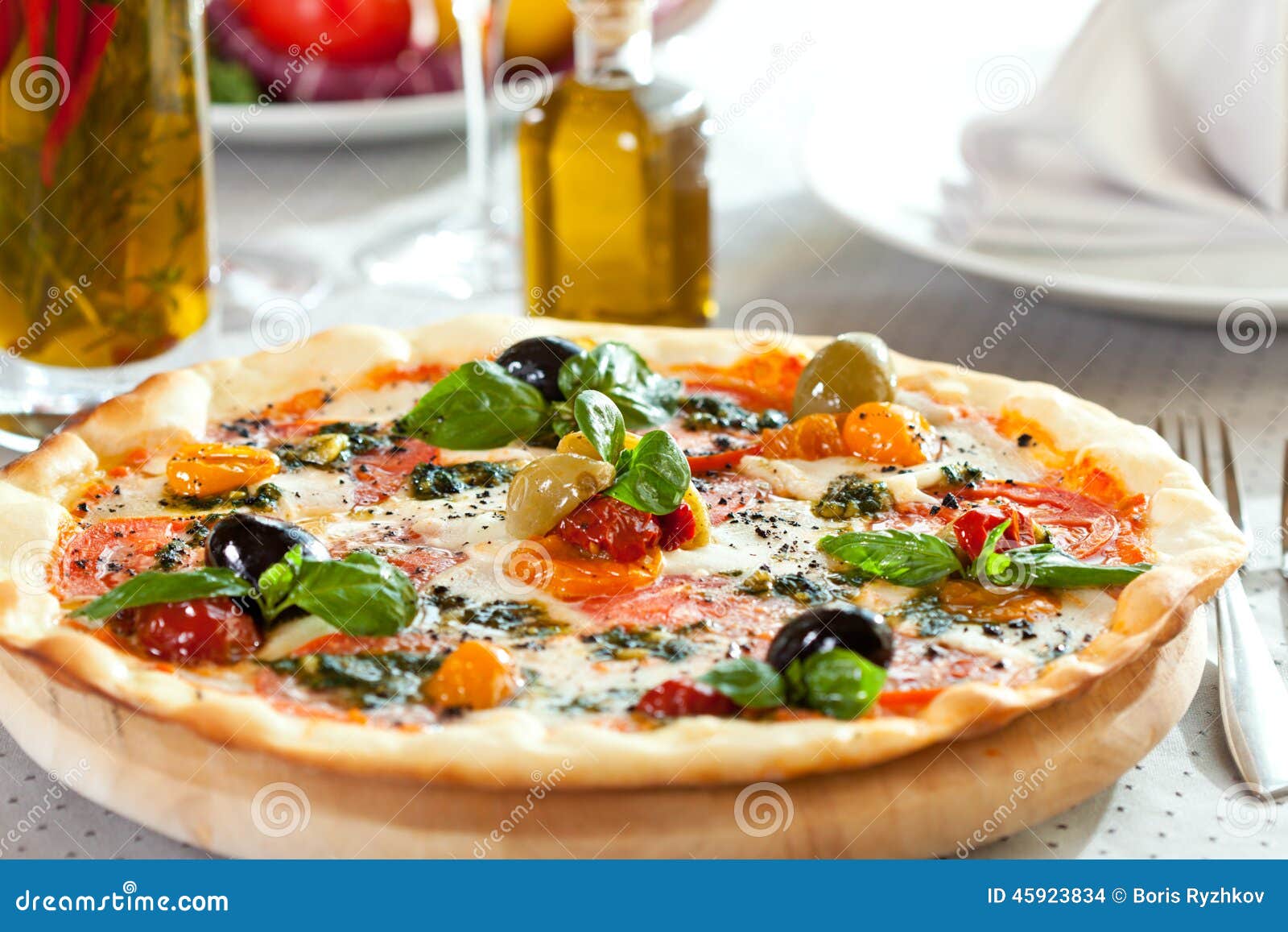 Pizza Dinner stock photo. Image of wineglass, basil, fork - 45923834