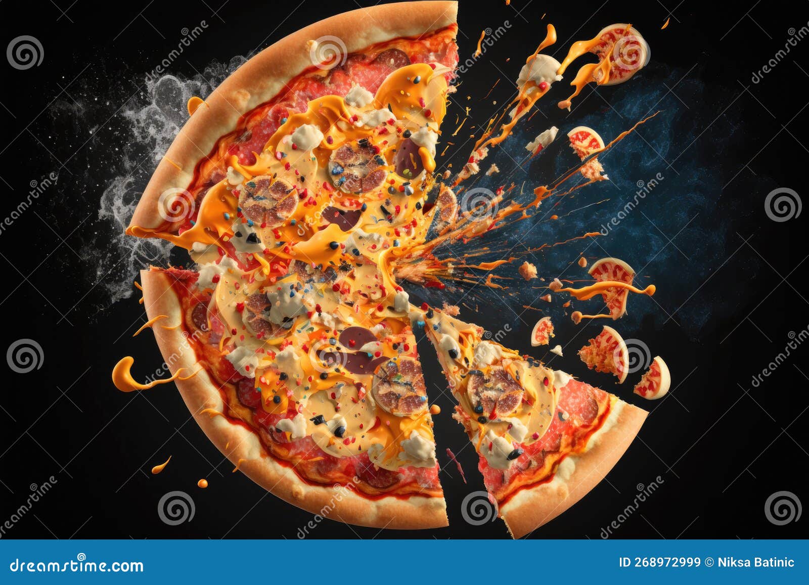 Pizza Exploding on a Dark Background Stock Illustration - Illustration ...