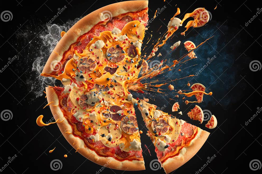 Pizza Exploding on a Dark Background Stock Illustration - Illustration ...