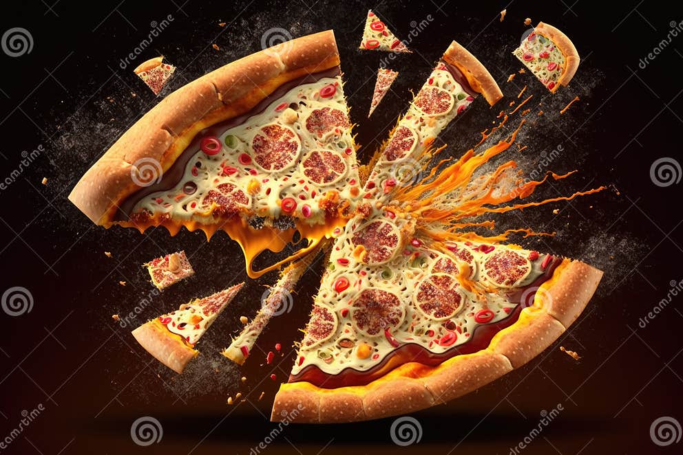 Pizza Exploding on a Dark Background Stock Illustration - Illustration ...