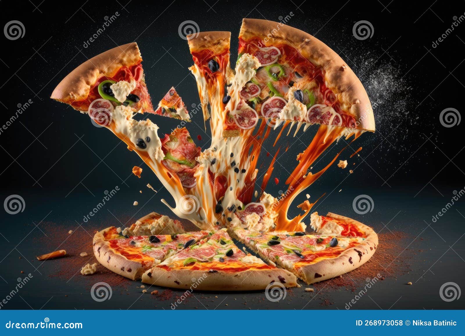 Pizza Exploding on a Dark Background Stock Illustration - Illustration ...