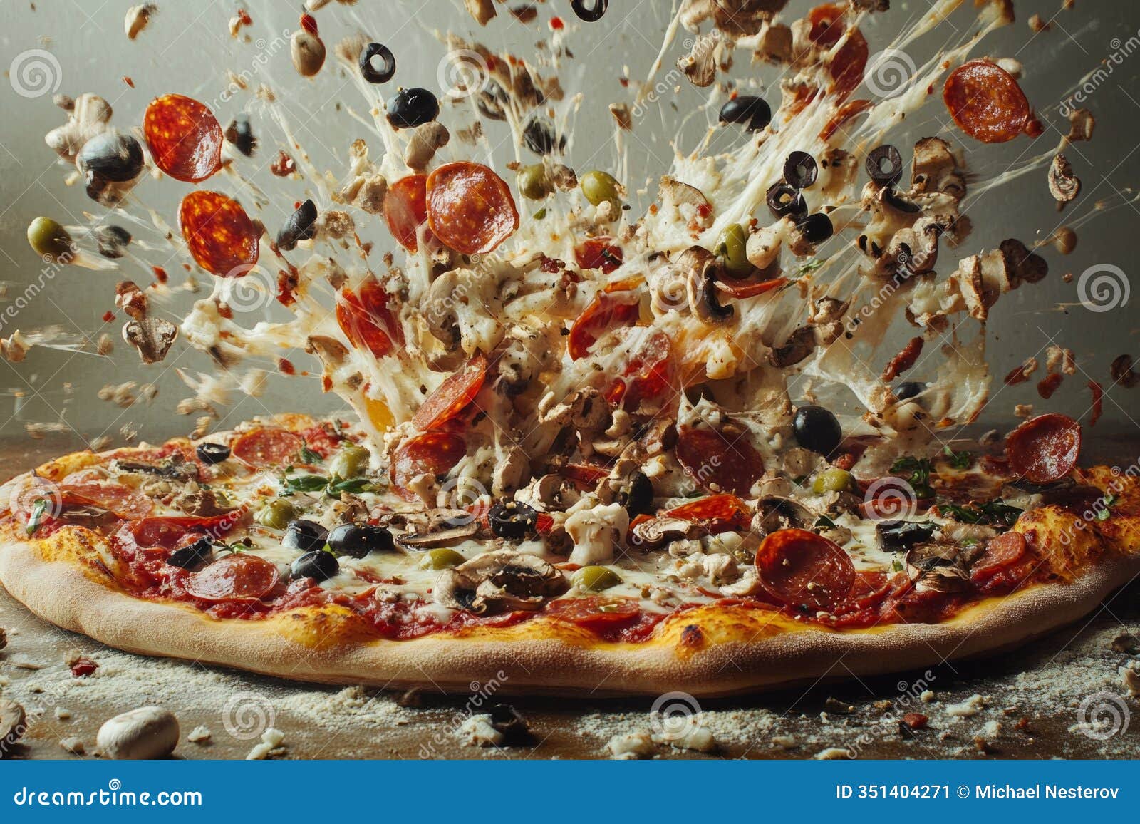 Pizza is Exploding with Delicious Toppings of Pepperoni, Olives ...