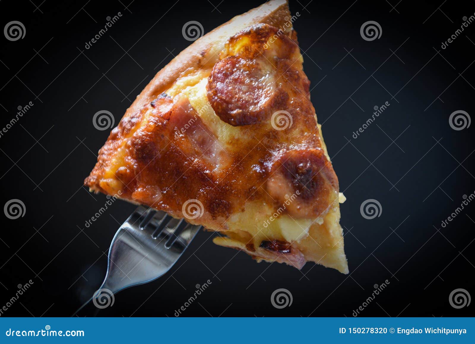 Pizza on Fork / Slice Pizza Piece on the Dark Black Stock Photo - Image ...