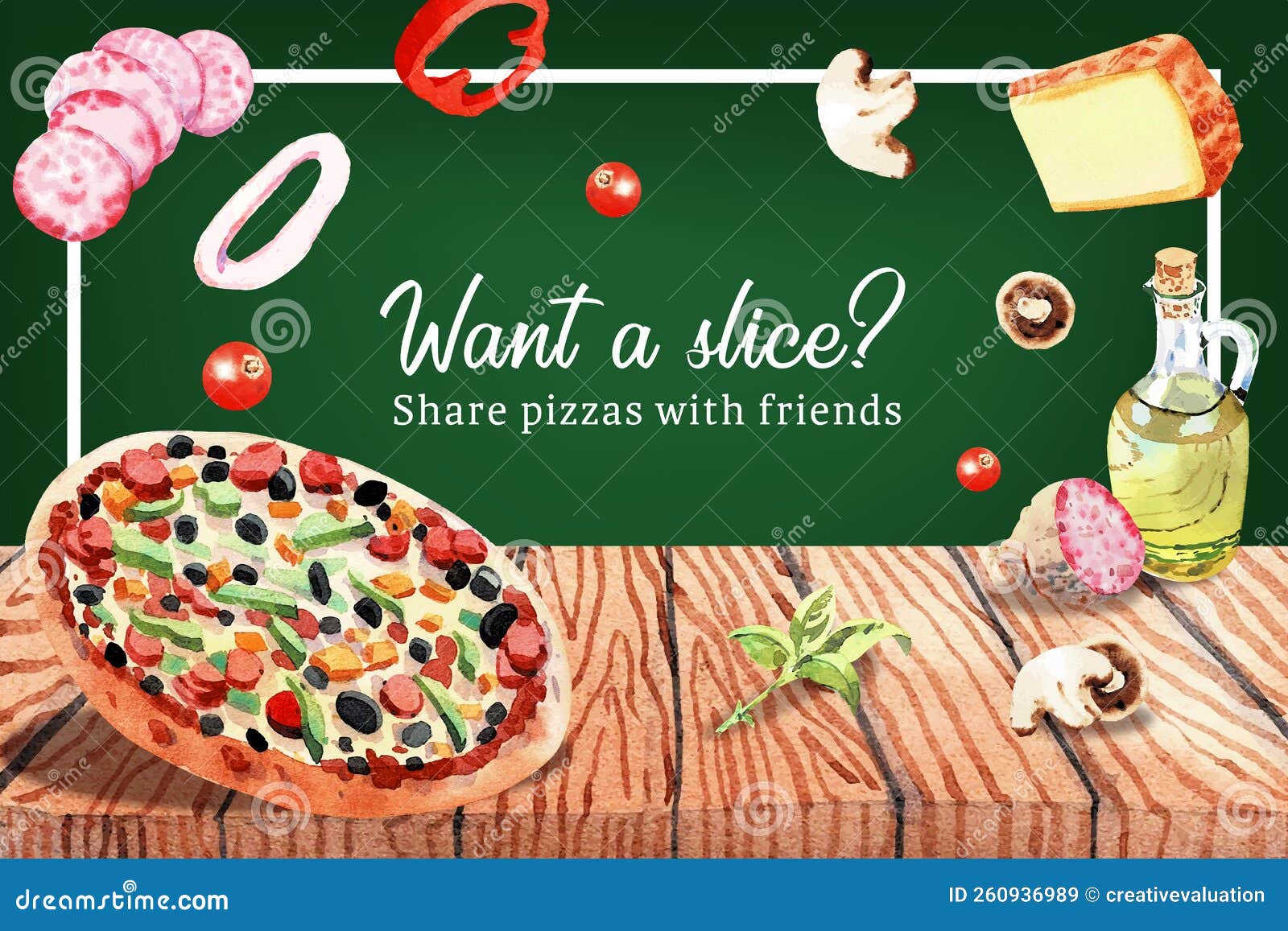 Pizza Frame Design with Cheese, Pizza Watercolor Illustration Stock ...